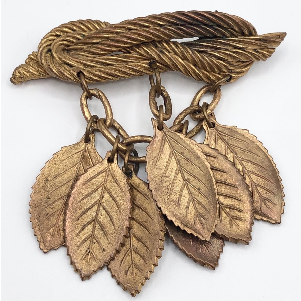 Antique Estate Vintage Tassel Leaves Leaf Brooch Pin - Gem